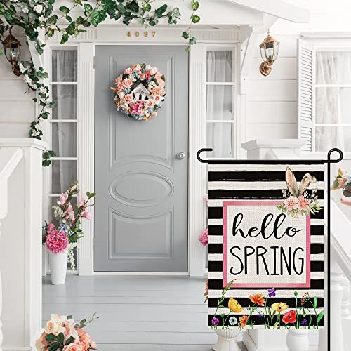 Hello Spring Flower Garden Flag 12x18 Inch Double Sided Burlap Outside ...