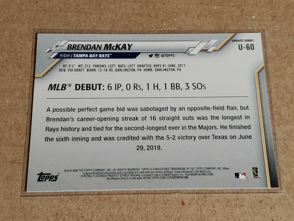 2020 Topps Update Series Brendan McKay Rookie Card #U-60 RC Tampa Bay ...