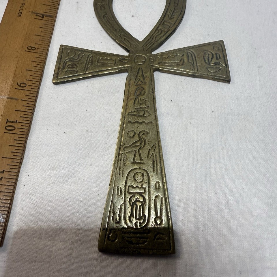 Solid Brass Egyptian Ankh Cross 6-1/2" Inscribed Hieroglyphs Totem ...