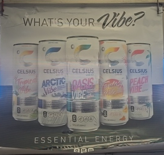 48" By 48" Celsius what's your vibe energy drink window cling vinyl ...