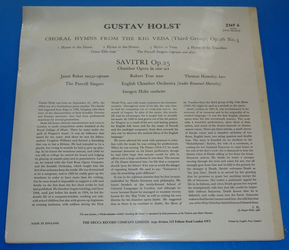 Imogen Holst/Janet Baker/Thomas Hemsley HOLST Savitri - Argo ZNF 6 ...
