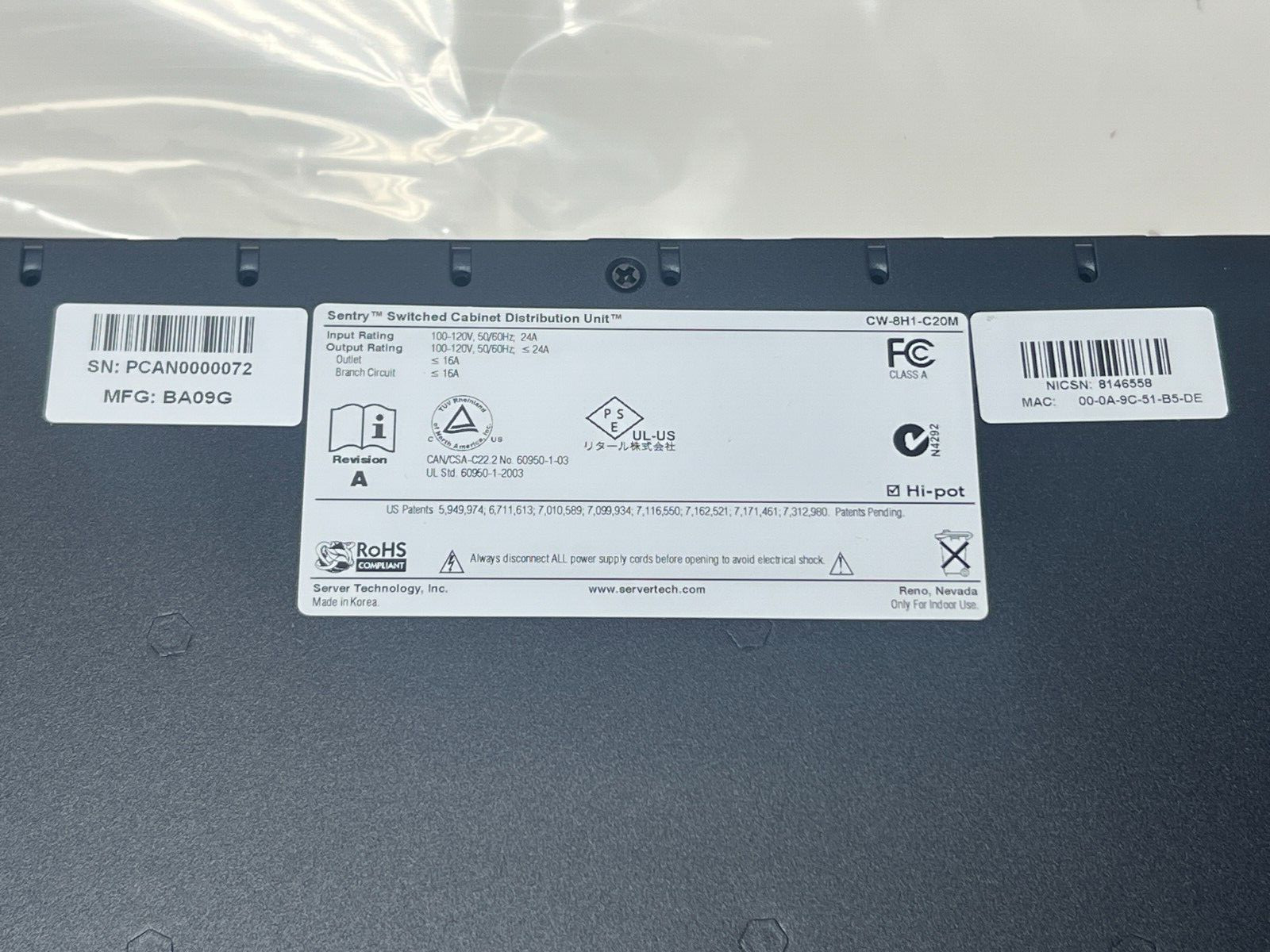 Server Technology Switched Metered 1U 8 Port PDU CDU CW-8H1-C20M QTY ...