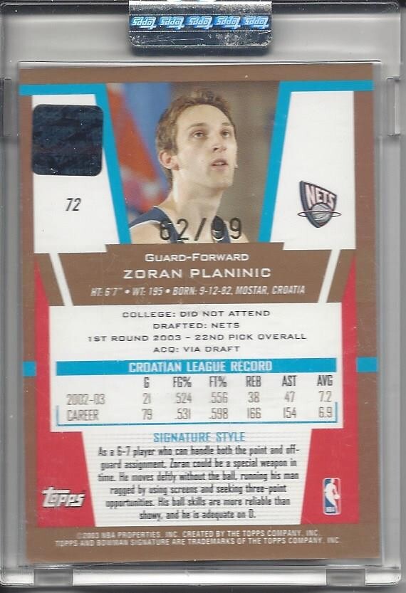 ZORAN PLANINIC 2003-04 BOWMAN SIGNATURE AUTO GOLD RC #72 (62/99) NETS ...