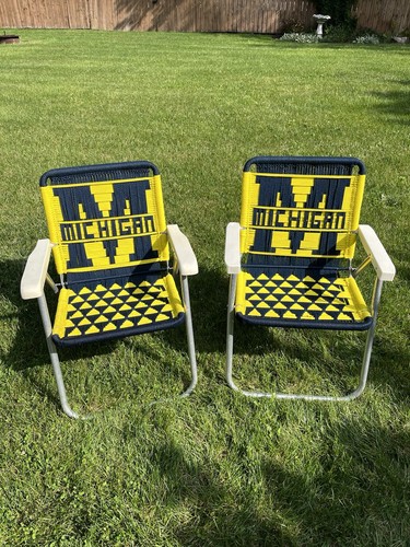 Vtg Pair U of M Wolverines Michigan Woven Macrame Aluminum Folding Lawn ...