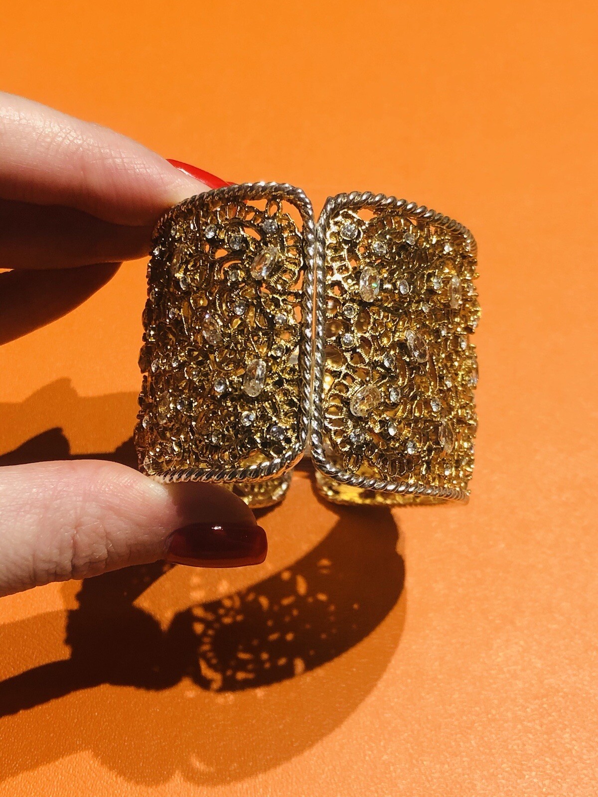 Vintage Monet Wide Silver Gold Tone Crystal Metal Lac… - Gem