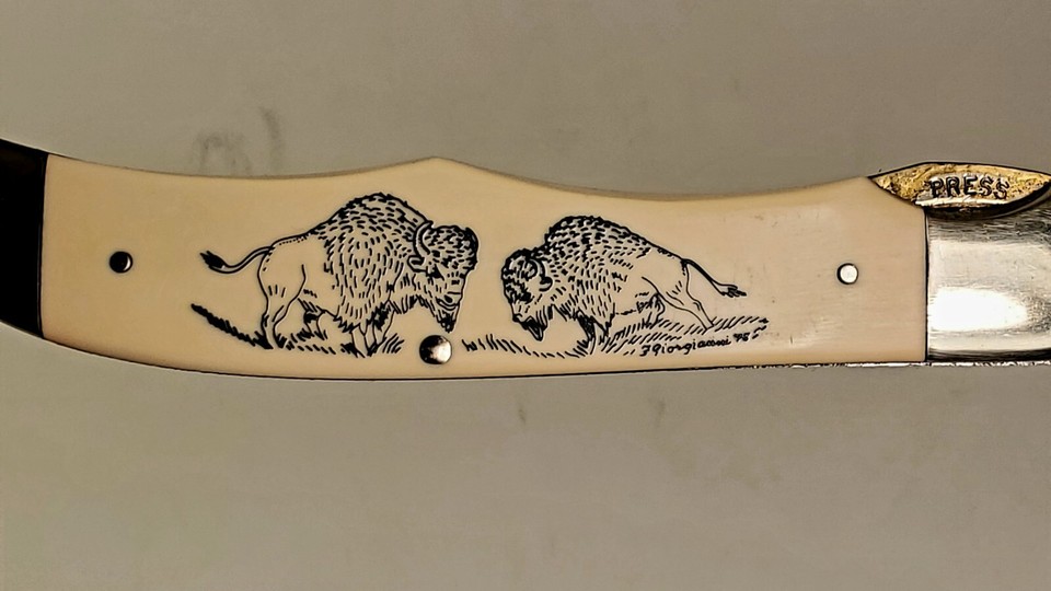 Vintage Schrade USA Scrimshaw SC-500 Folding hunter- Buffalo Scene ...