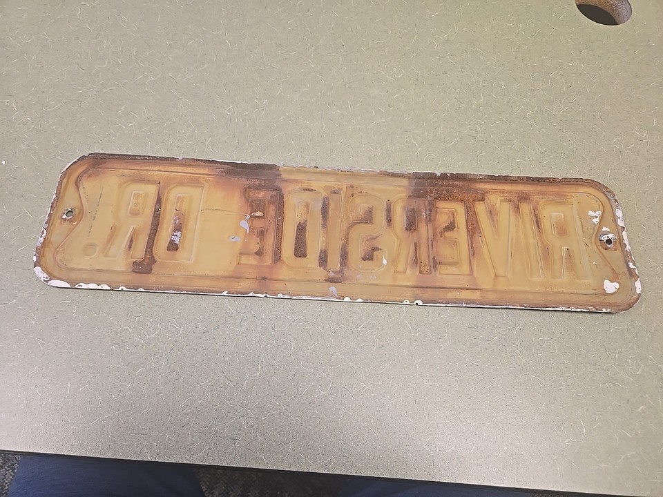 ANTIQUE RIVERSIDE DRIVE SIGN HEAVY STEEL EMBOSSED STAMPED ROAD HIGHWAY ...