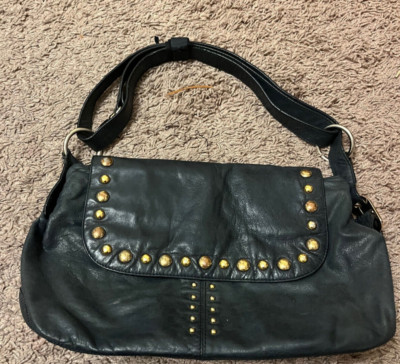 KATE LANDRY LARGE GOLD STUD BLACK LEATHER PURSE W/ ANIMAL PRINT LINING ...