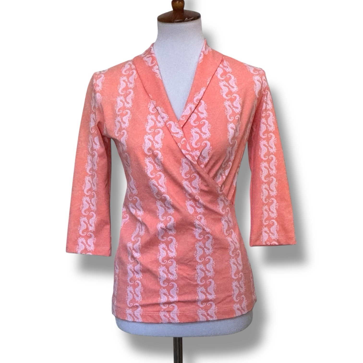 Lissa Mar Seahorse Print 3/4 Sleeve Faux Wrap Blouse Top Coral Women's Size S | eBay