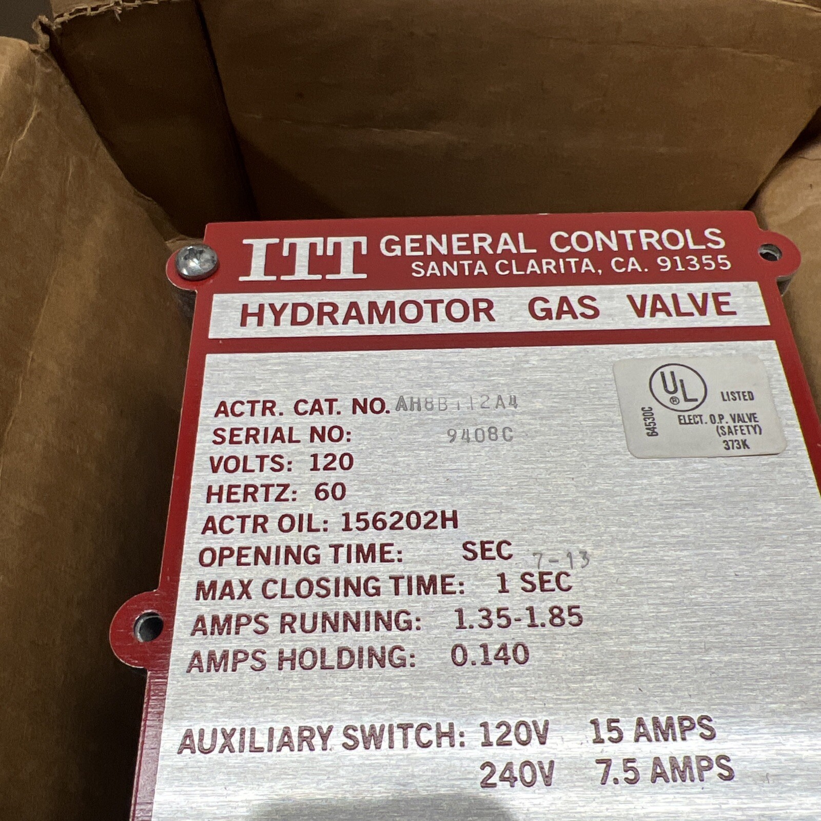 ITT GENERAL CONTROLS AH8B112A4 HYDRAMOTOR GAS VALVE 120V 60HZ 8902B ...