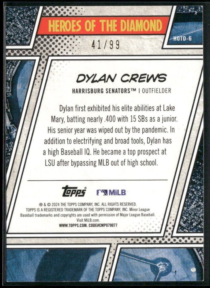 2024 TOPPS PRO DEBUT DYLAN CREWS GREEN FOIL HEROES OF THE DIAMOND #HOTD ...