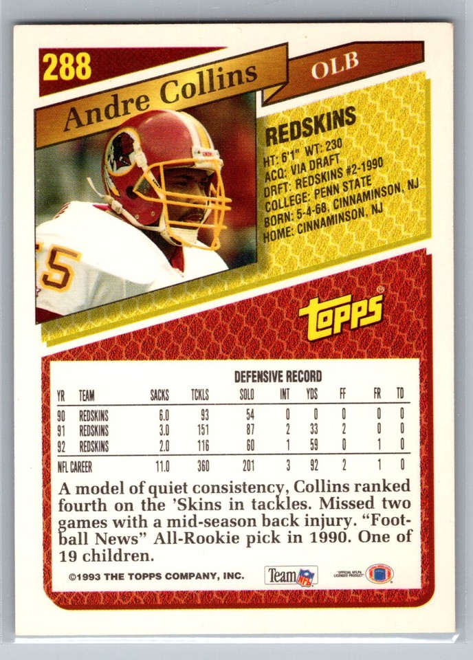 1993 Topps Gold Football #288 Andre Collins Washington Redskins | eBay