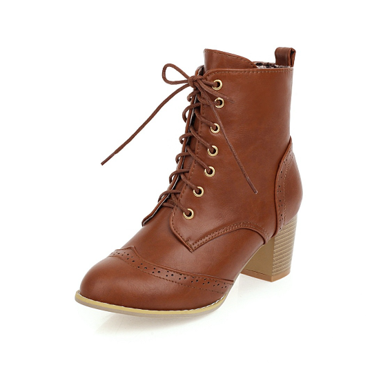 Womens Lace Up Retro British Style Block Mid Heel Ankle Boots Oxford ...