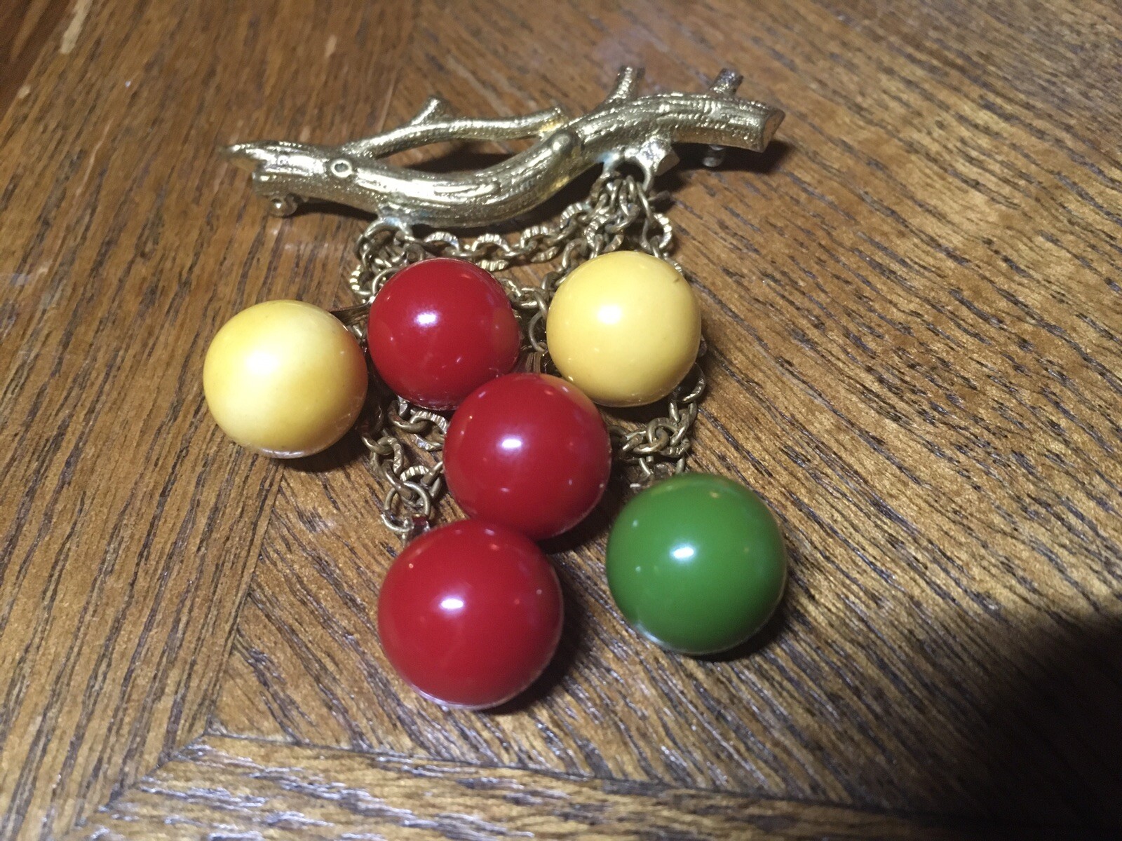 Bakelite Berry Three Colors on Gold Branch Pin - Gem
