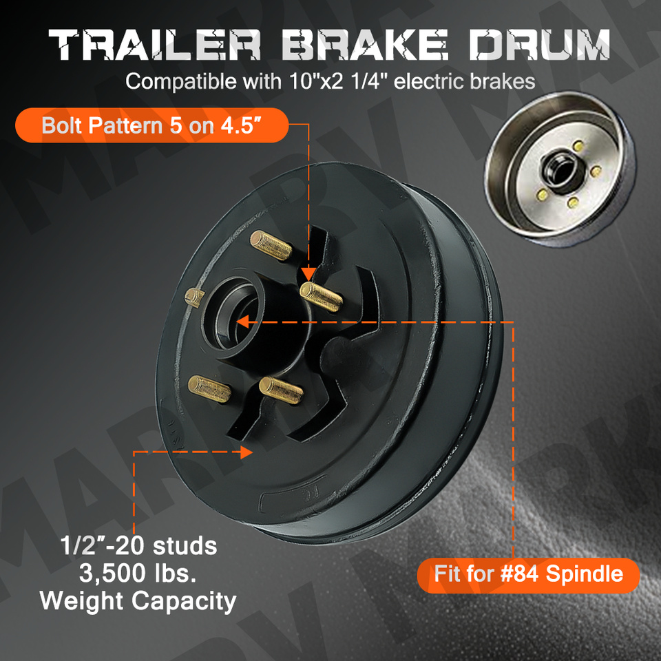 10" x 2-1/4" Trailer Brake Wheel Hub Drum Kit 5 on 4.5" for 3500 lbs ...