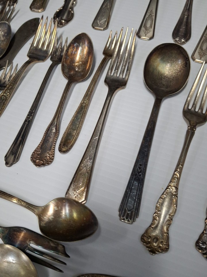 HUGE LOT Of 78 Mixed Vintage Silver Plate Silverware Flatware, Assorted ...
