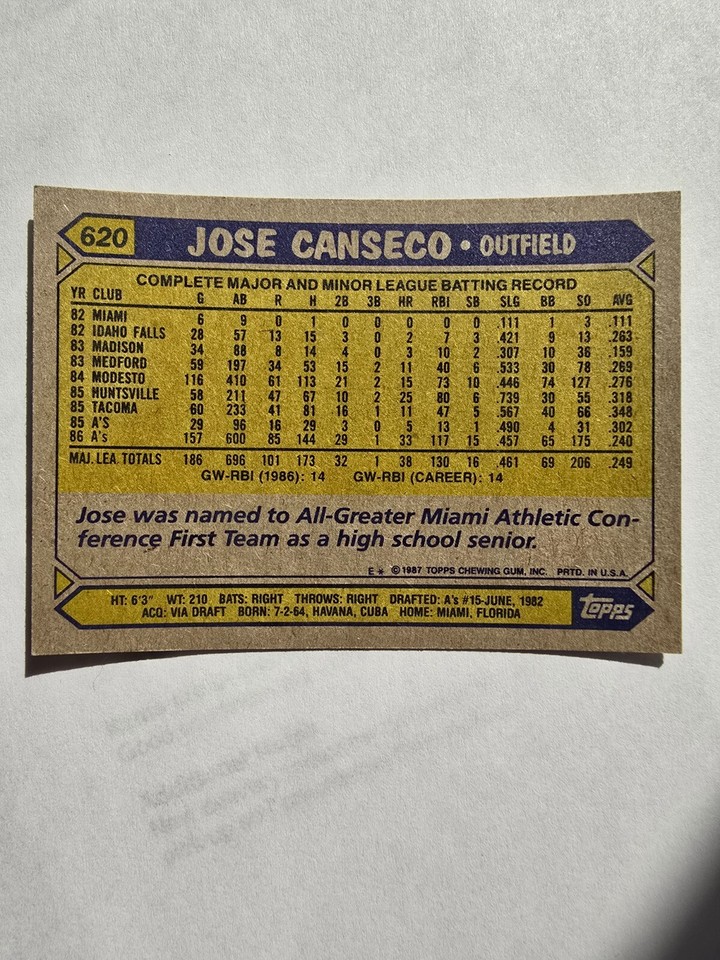 1987 Topps - Jose Canseco #620 *3 errors on frt of card* | eBay