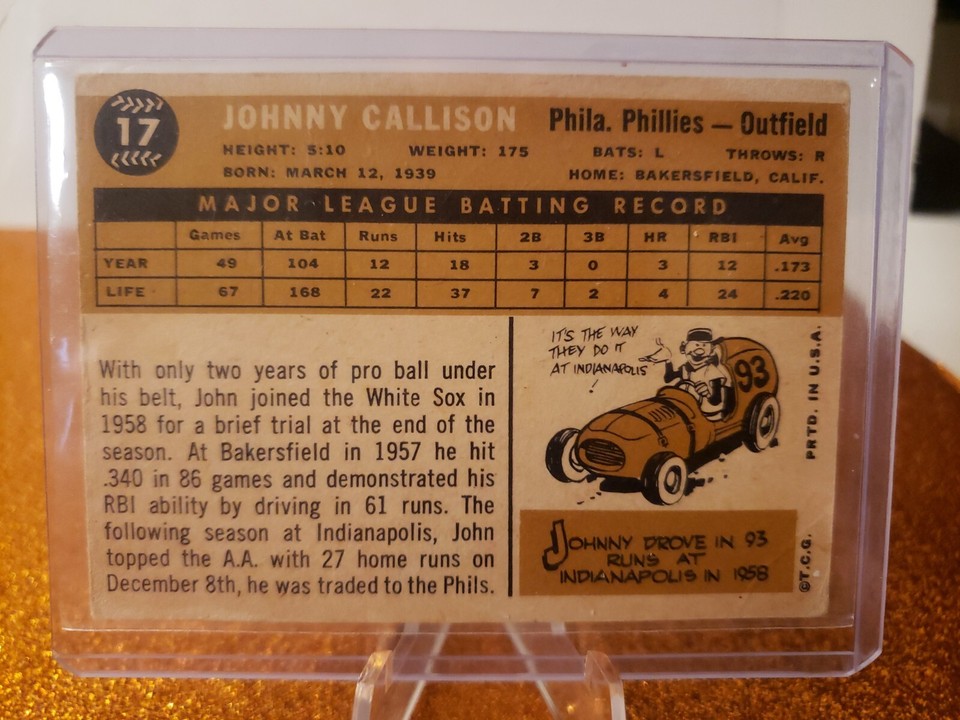 1960 Topps #17 JOHNNY CALLISON Philadelphia Phillies Baseball Card | eBay