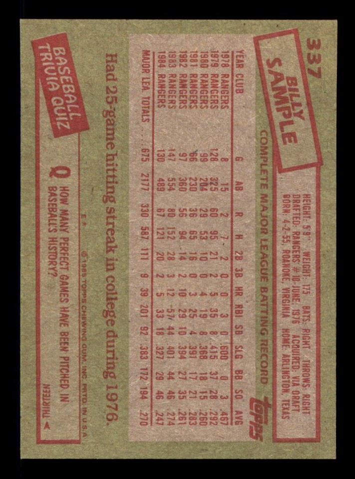 1985 Topps Baseball #337 Billy Sample Signed Auto Autograph (no COA) | eBay