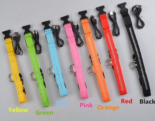 RECHARGEABLE LED PET GLOW COLLAR dog cat safety neck harness flash ...