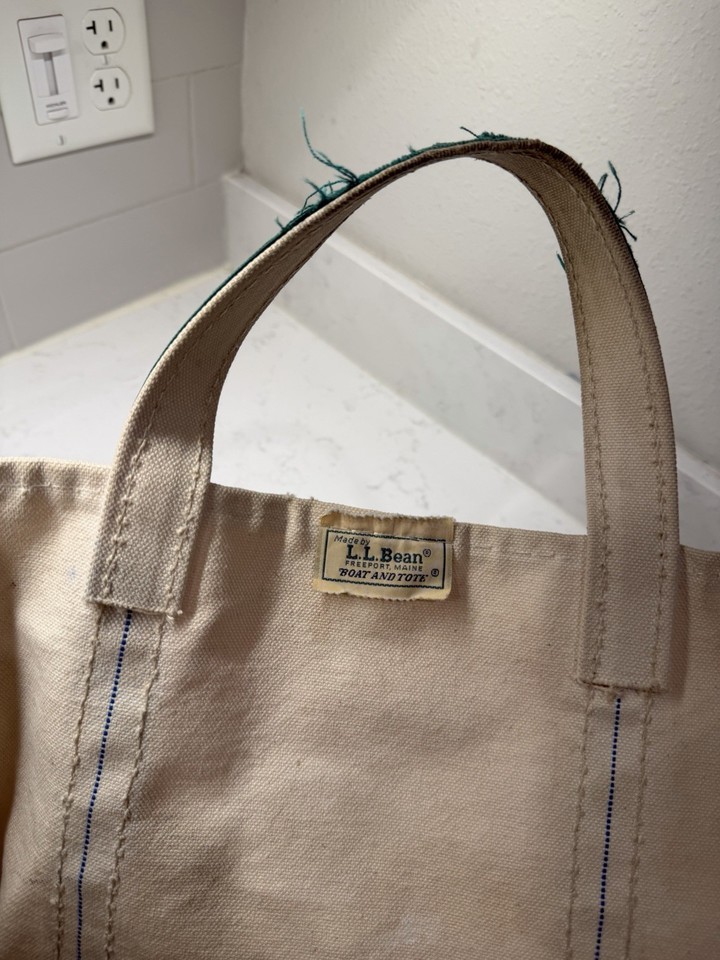 Vintage 80s LL Bean Boat and Tote Canvas Bag Green Cream Zig Zag Tag ...