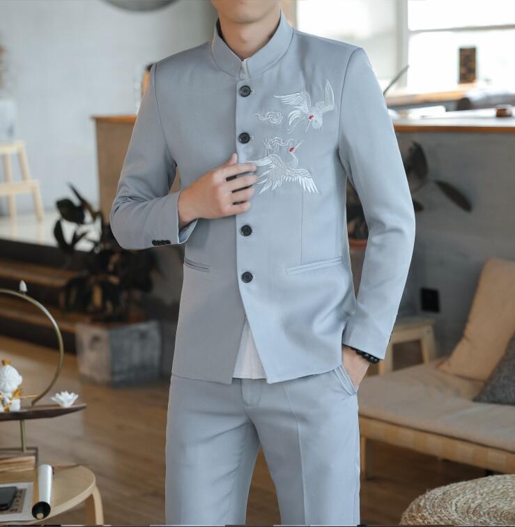 Men Chinese Style Embroidery Blazers Stand Collar Formal Slim Jacket ...