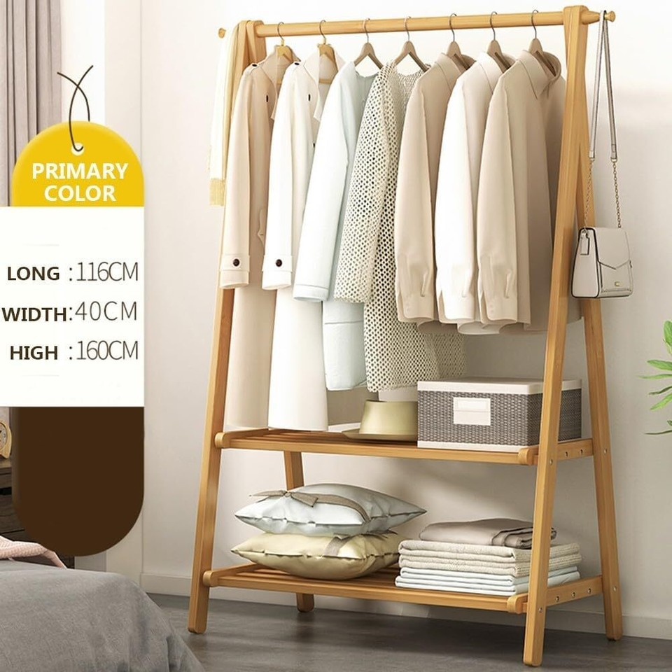 Bamboo Folding Clothes Rail 2 Tiers Hooks Bags Coat Stand Hanger ...