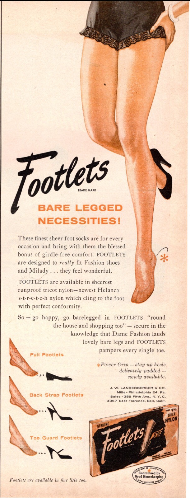 1955 vintage foot wear AD FOOTLETS , sheer foot socks for fashion shoes ...