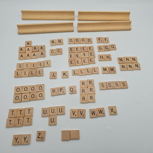 1953 Scrabble Pieces 100 Wood Tiles & 4 Racks Board Game Letters ...