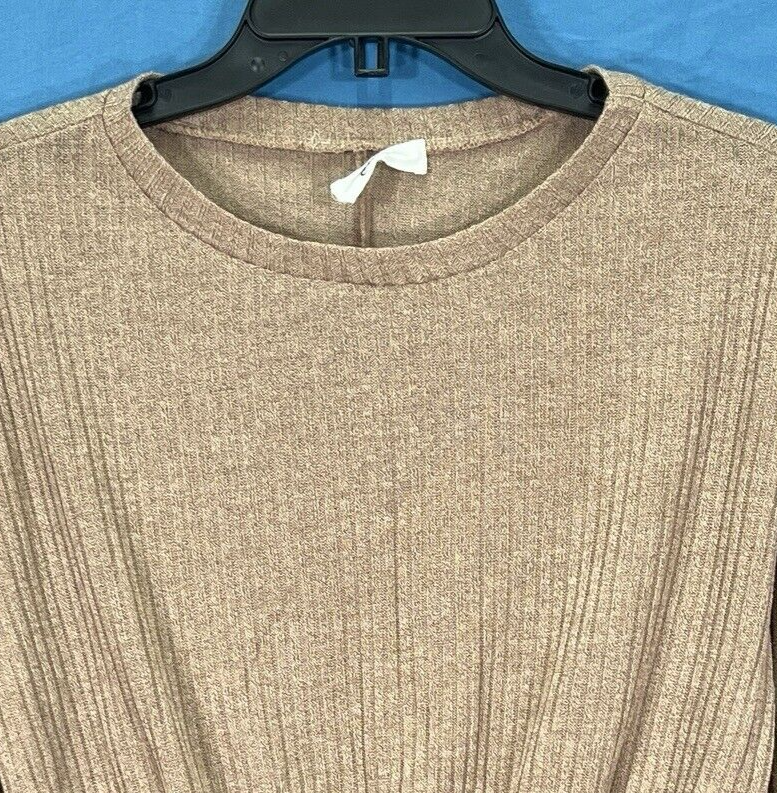 CICI Tan THIN Ribbed Knit CREW NECK Pullover RUFFLED Cinched PEPLUM Top ...