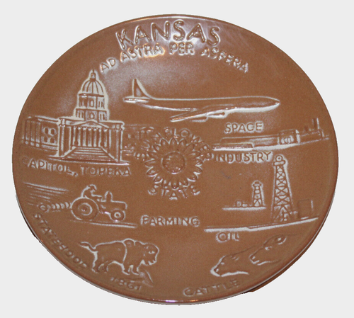 Frankoma 8" brown Kansas souvenir plate "Ad Astra Per Aspera" Sunflower ...