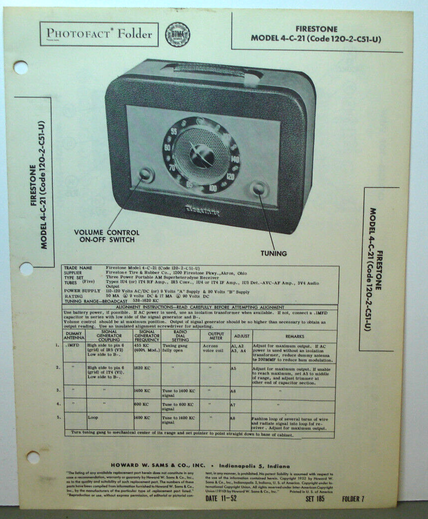 SAMS PHOTOFACT FOLDER 185-7 FIRESTONE MODEL 4-C-21 CODE 120-2-C51-U | eBay