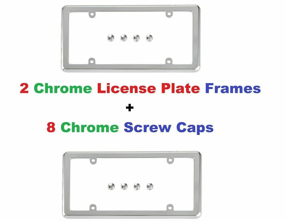 2 Chrome License Plate Tag Mount Holder Frames + (FREE) 8 Screw Caps ...