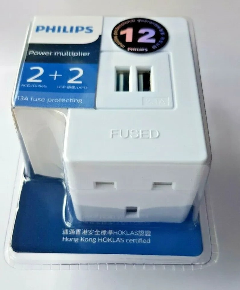 Philips POWER MULTIPLIER 2 X UK PLUG AC OUTLET OUTPUTS & 2 X USB (2.0 ...