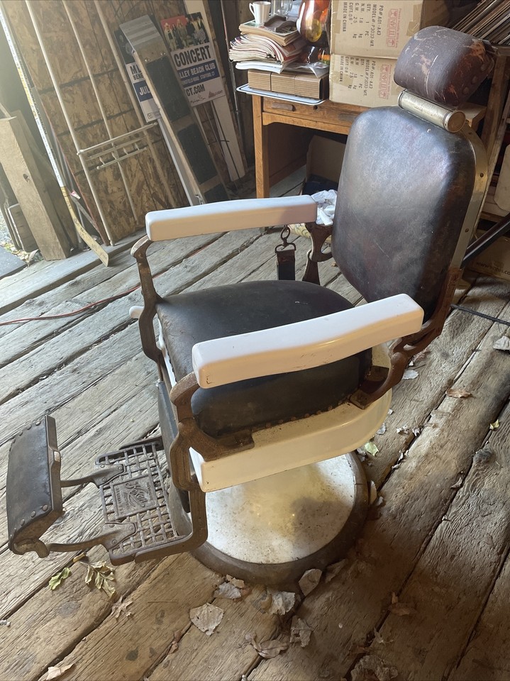 Antique Koken Barber Chair 20s Leather Patina Head Rest Dispenser ...
