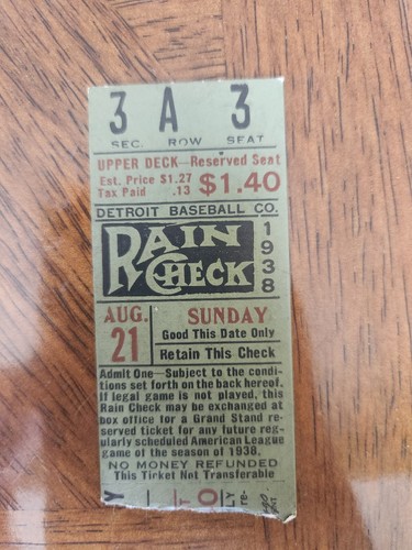 8/21/1938 Detroit Tigers Ticket Hank Greenberg Home Run 42 Of 58 100th ...
