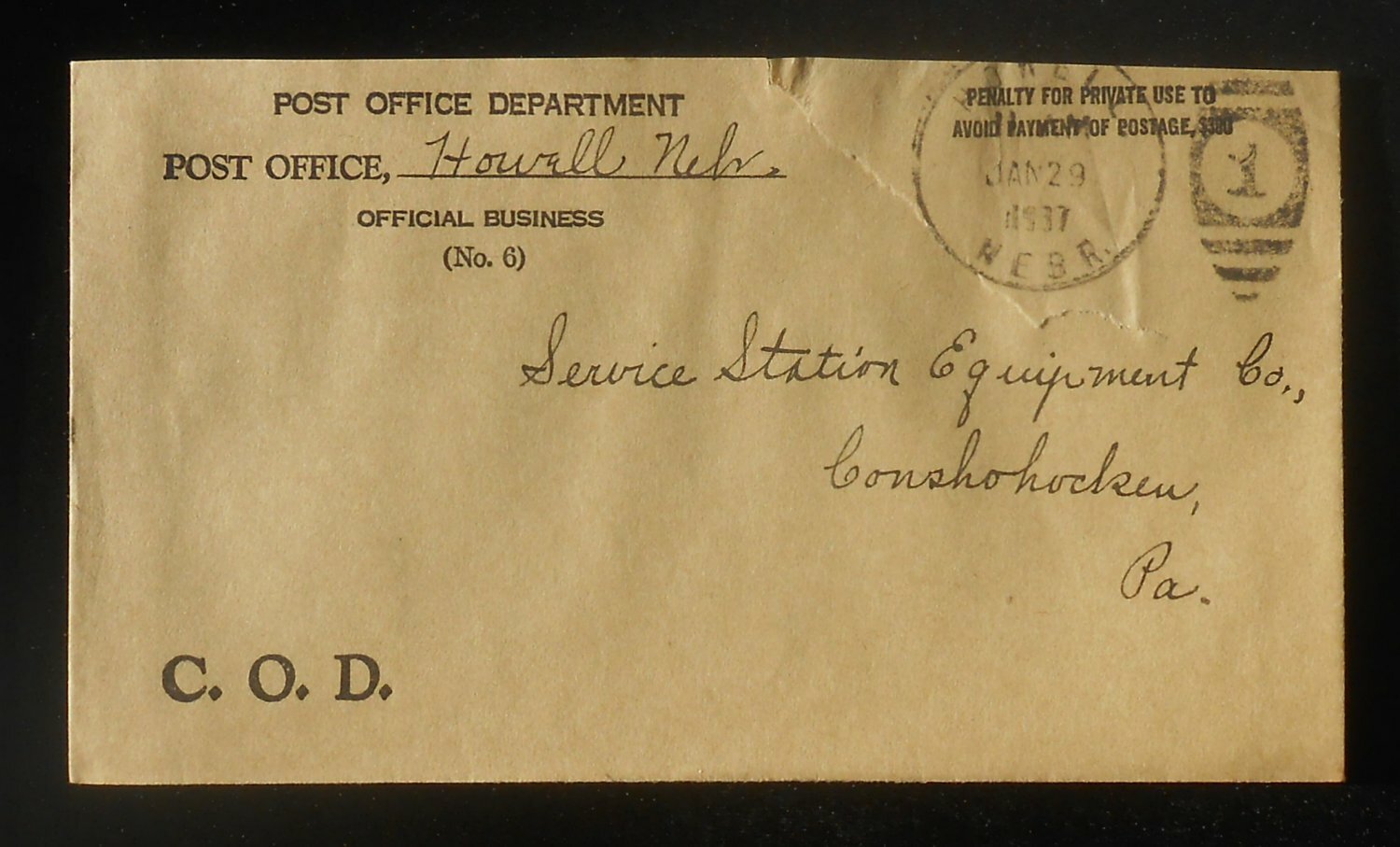 1937 POSTAL HISTORY RARE POSTMARK Post Office OfficialBusiness Howells ...