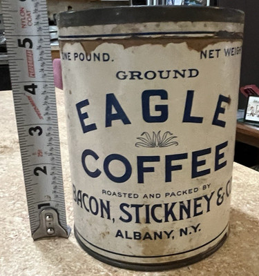 VINTAGE GROUND EAGLE 1 LB TIN COFFEE CAN WITH LID - ALBANY NY - BACON ...