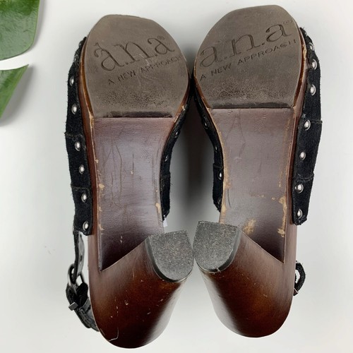 ANA A New Approach Slingback Heels Black Suede Platform Studded Retro ...