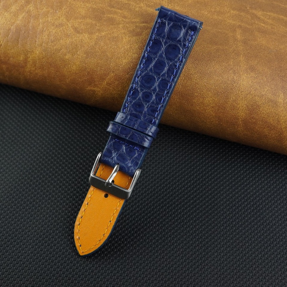18mm Blue Crocodile Flat Leather Watch Band Real Crocodile Watch Strap ...