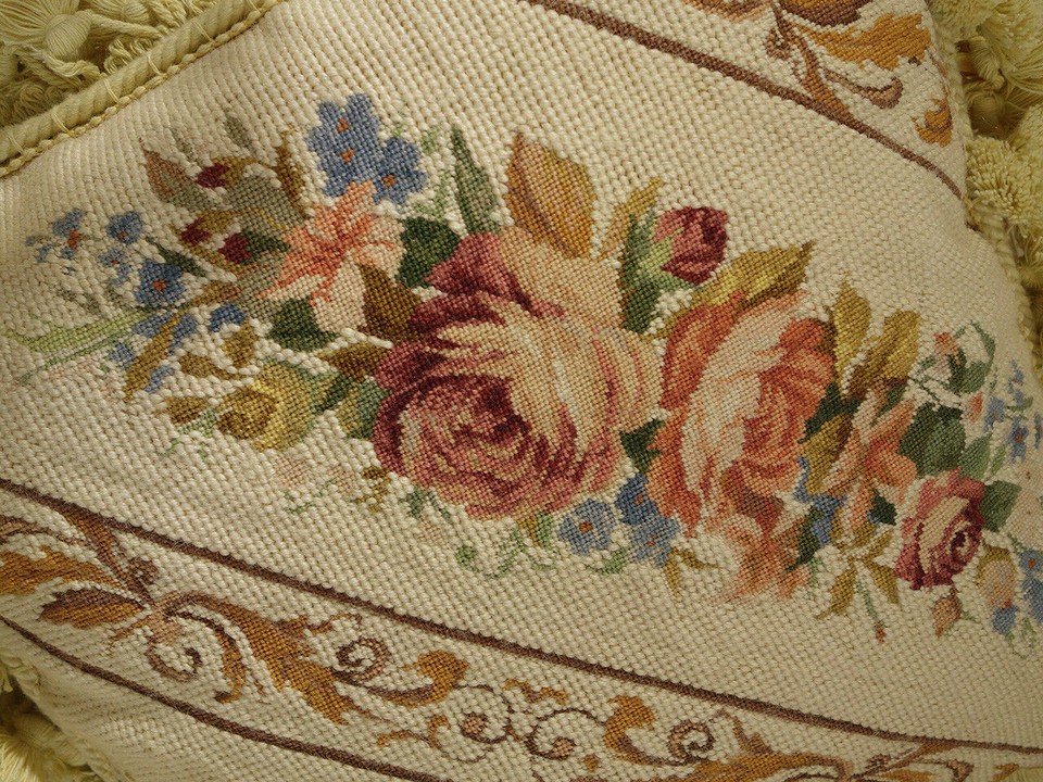 14" Handmade Gorgeous Needlepoint Pillow Pink Rose Tiny Petit Point ...