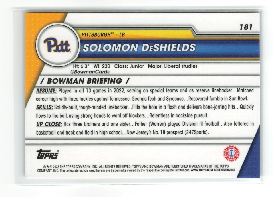 2023 Bowman Chrome University #181 Solomon DeShields Rookie Pitt ...