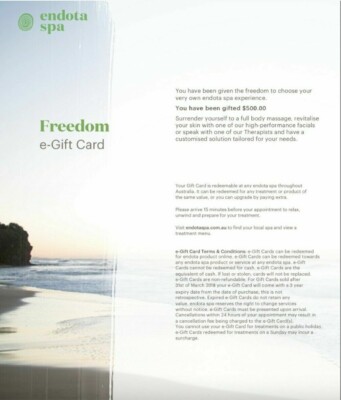 $500 Endota Spa Freedom Gift Card eVoucher (Digital delivery) Great ...