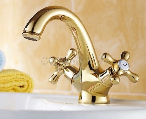 Gold Color Brass 2 Cross Handle Deck Mount Bathroom Sink Faucet Vanity ...