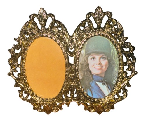 Ornate Brass Colored Double Picture Frame Victorian Free Standing 3.5x2 ...