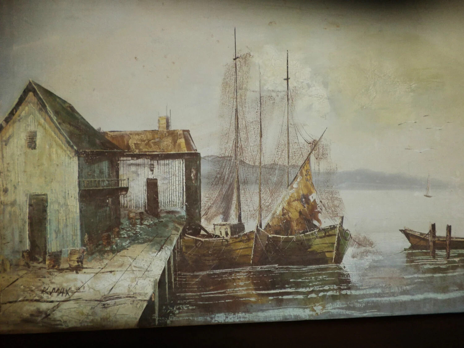 Large vintage canvas oil painting old seaport landscape signed " K Max ...