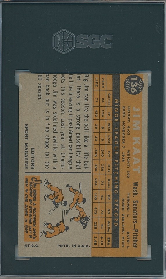 1960 Topps JIM KAAT #136 Rookie RC Washington Senators SGC 3 VG+ | eBay
