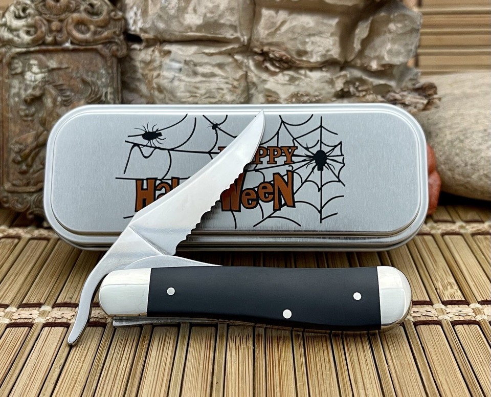 Case XX USA 2023 Black HALLOWEEN Spider & Web Artwork Russlock Knife w ...