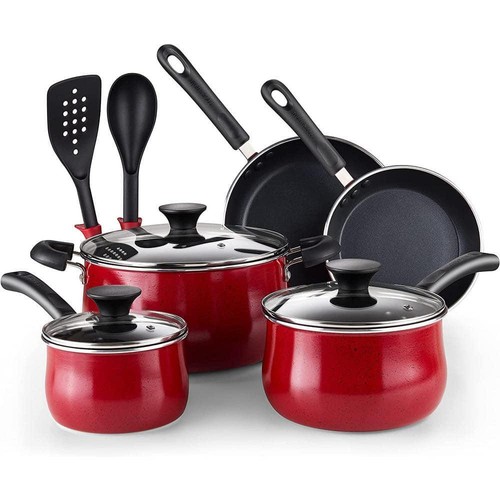 Cook N Home Cookware Assorted Nonstick Stackable Aluminum Marble Red 10 ...