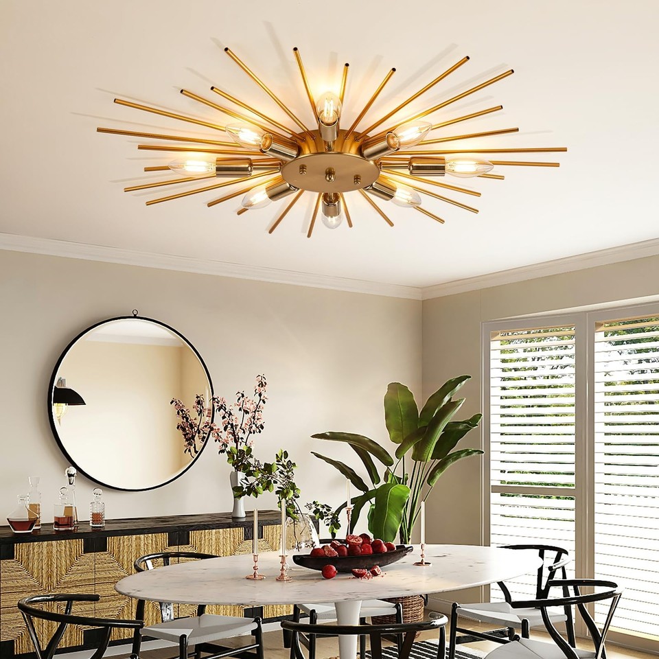 Yunnix Semi Flush Mount 8 Light Gold Chandelier Sputnik Ceiling Metal ...